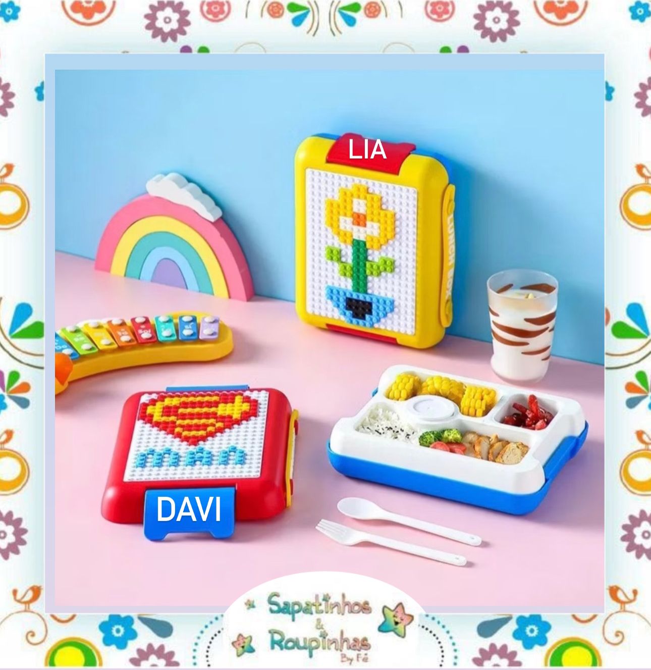 Bento box modelo LEGO com pecinhas para montar a tampa e com gravação a ...